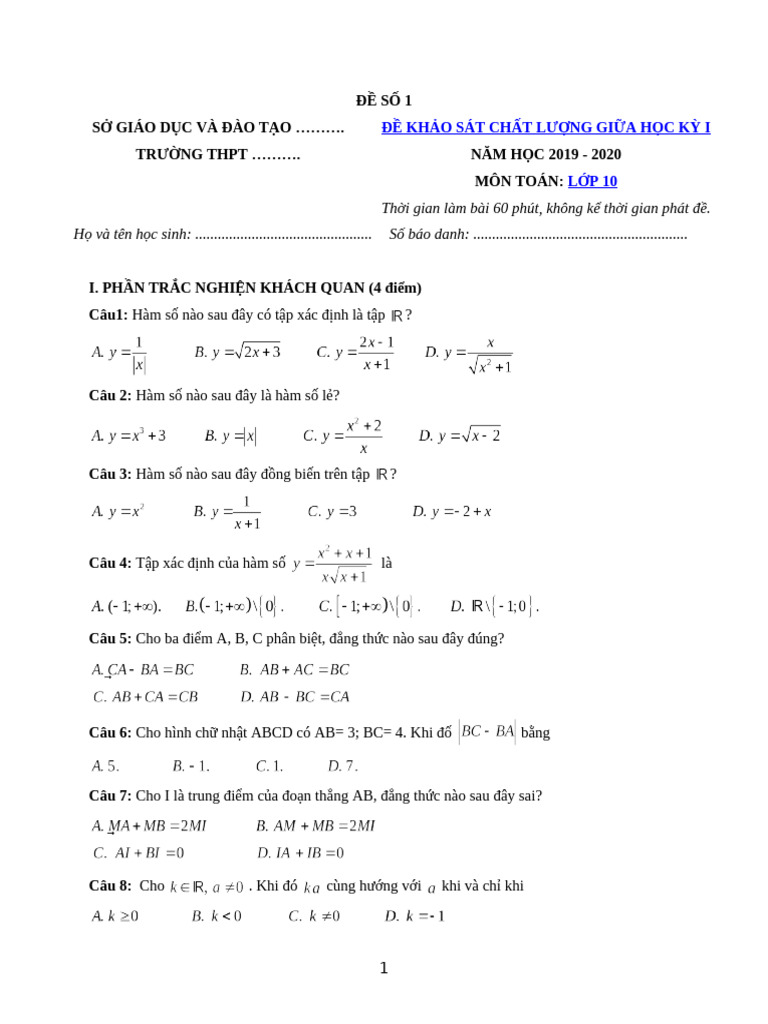 Bo de Thi Giua Hoc Ki I Mon Toan Lop 10 2019 | PDF