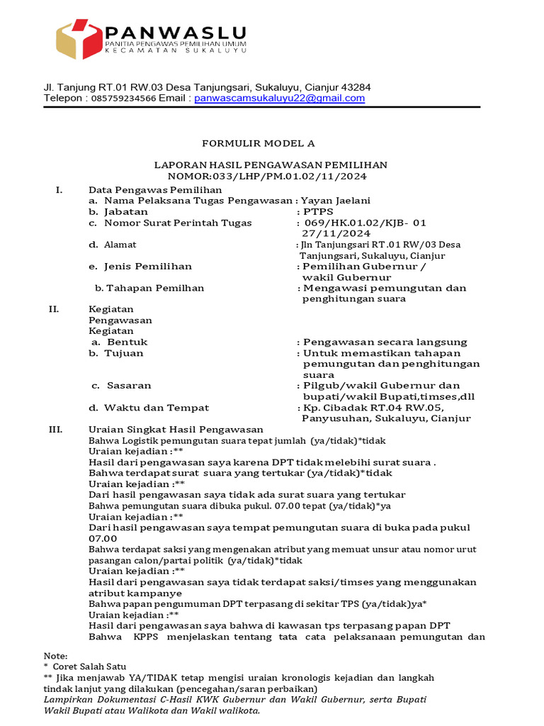 FORM A PTPS Pengawasan Dan Pemungutan TPS 08 | PDF