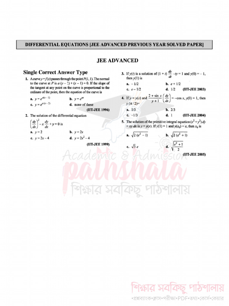 Differential Equations JEE Advanced Questions PDF With Solutions | PDF