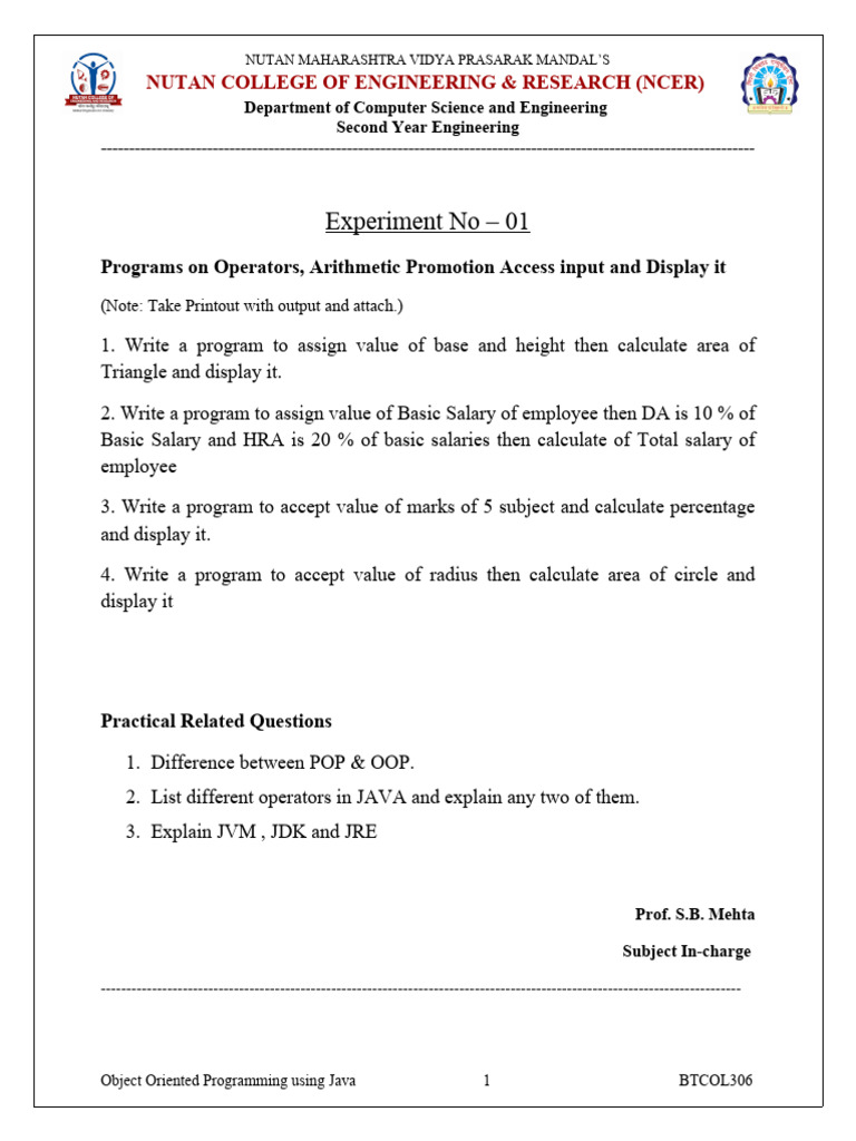 Experiment No - 01: Nutan College of Engineering & Research (Ncer) | PDF