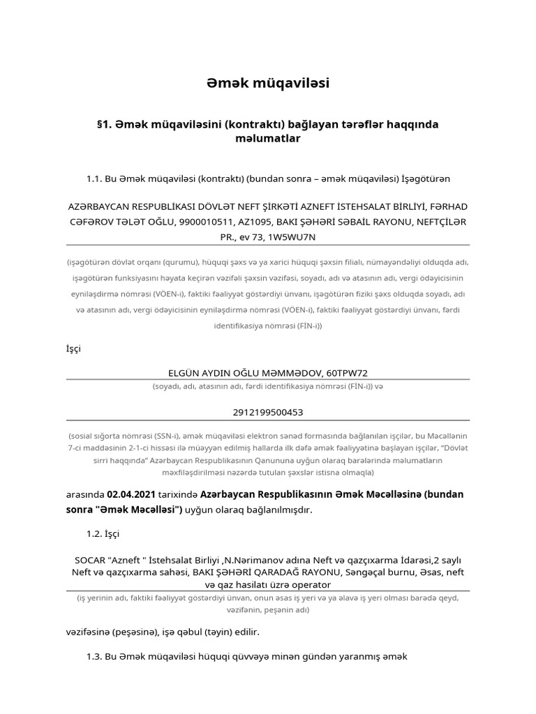 Elgun Teze Muqavile | PDF