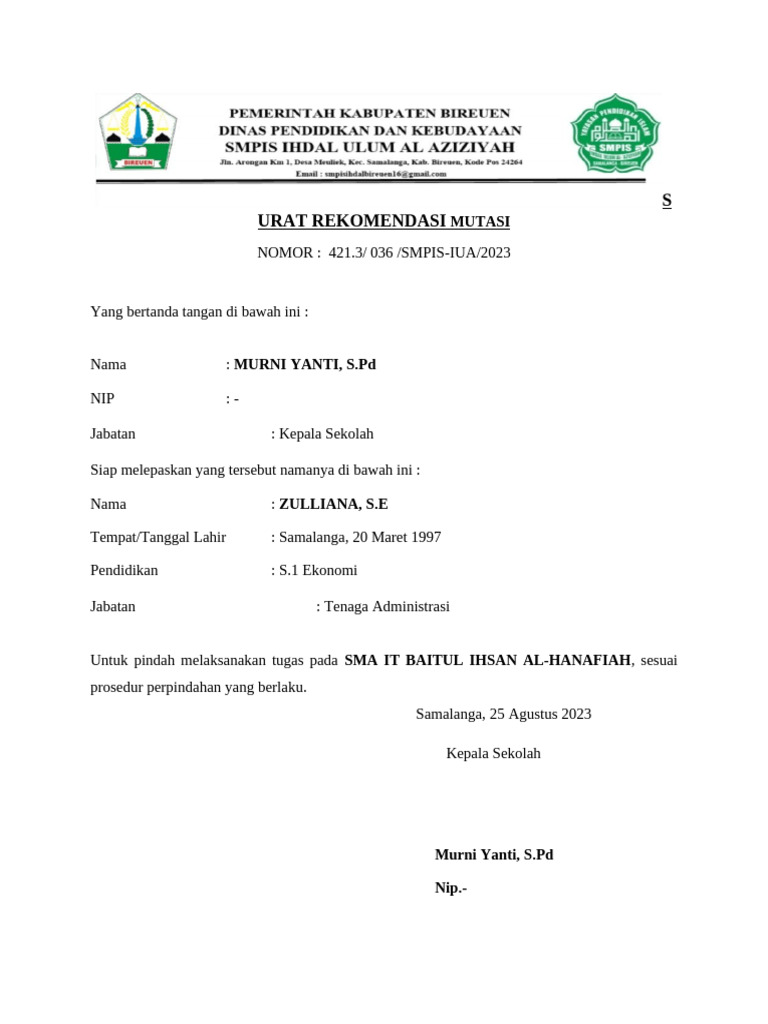 SURAT KETERANGAN MUTASI - Lia | PDF