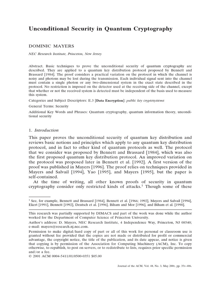 Mayers - 2001 - Unconditional Security in Quantum Cryptography | PDF ...