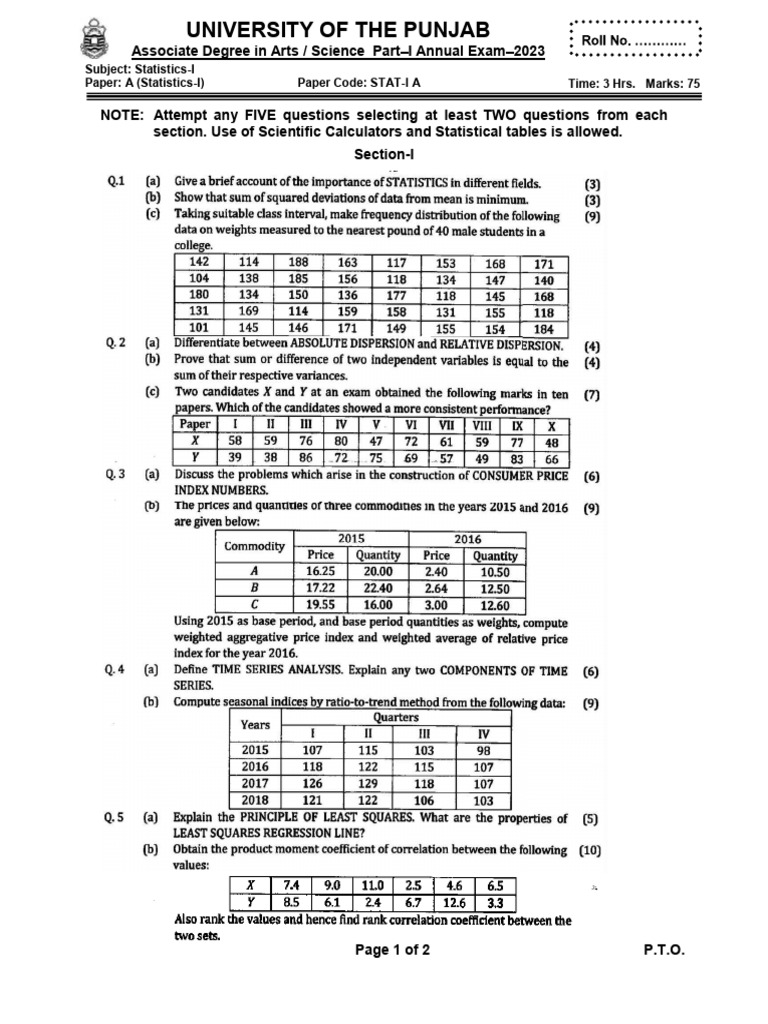 Statistics-I Exam Paper 2023 | PDF