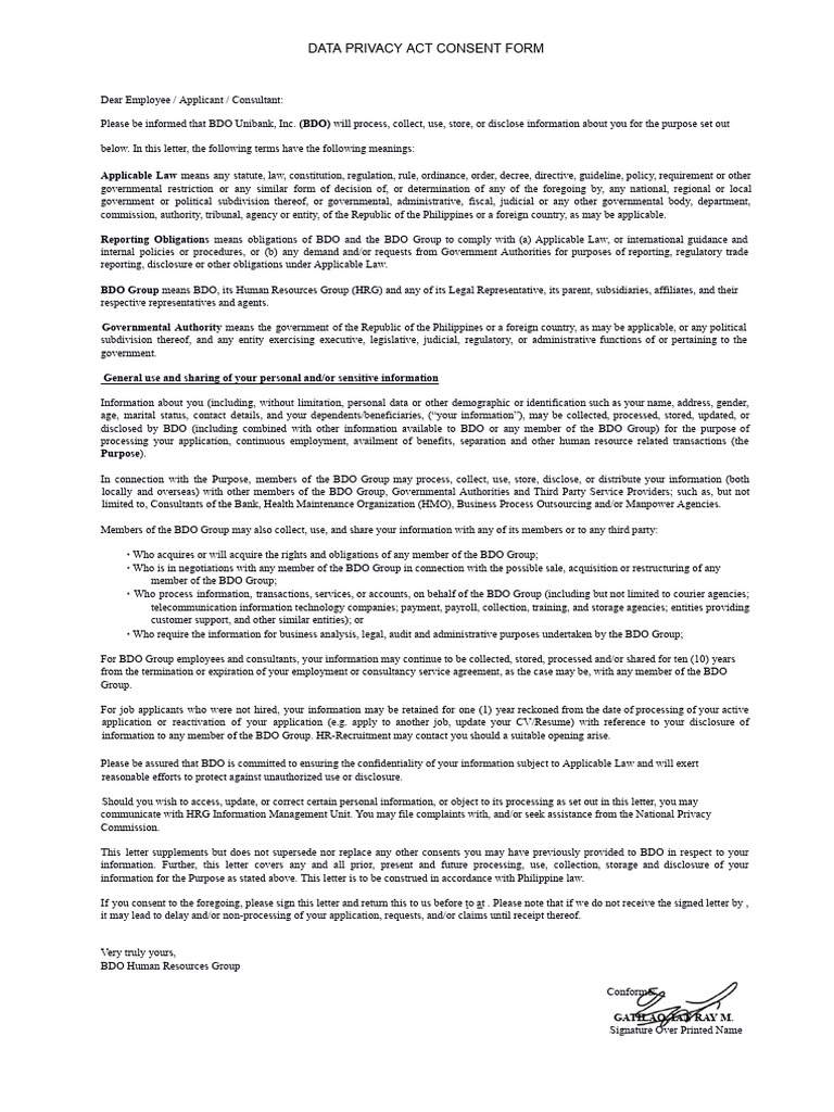 BDO Data Privacy Consent Form | PDF | Information | Business