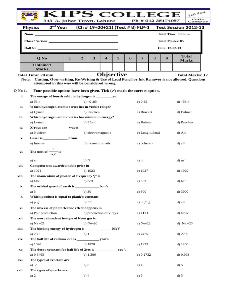 2nd Year Physics Test: Chapters 19-21 | PDF | Electron | Atoms