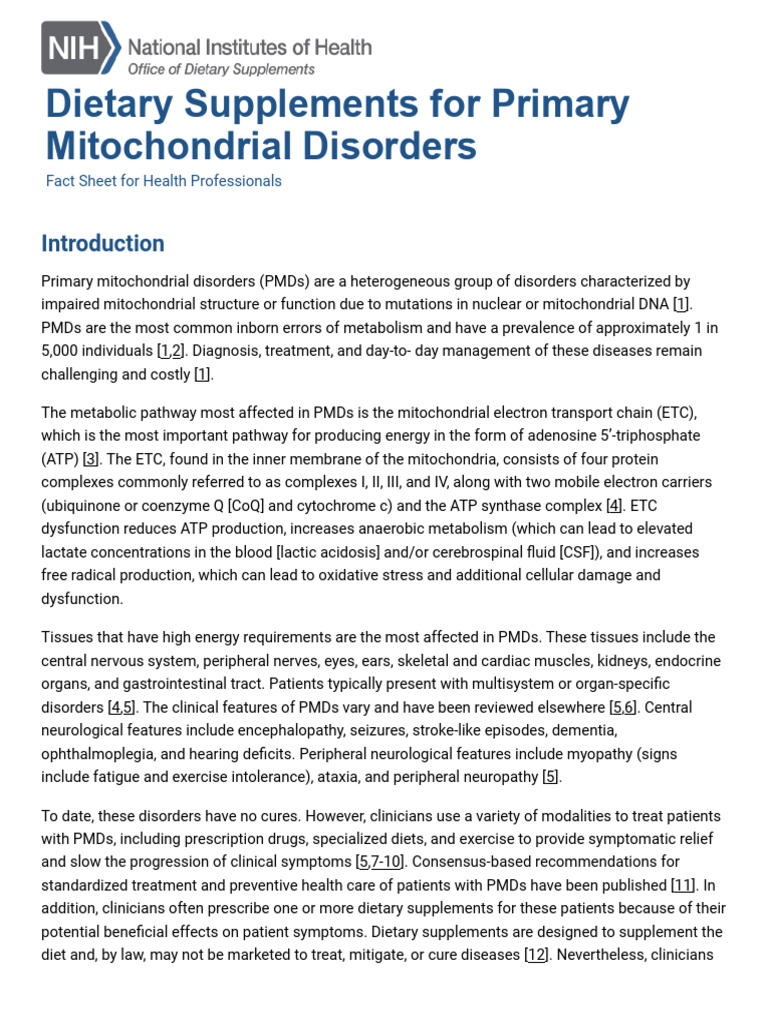 Dietary Supplements For Primary Mitochondrial Disorders - Fact Sheet ...