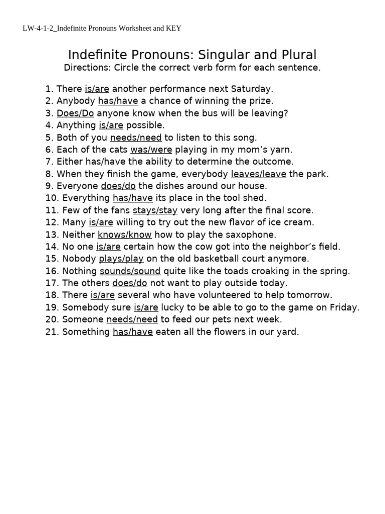 LW-4-1-2 - Indefinite Pronouns Worksheet and KEY | PDF | Pronoun ...