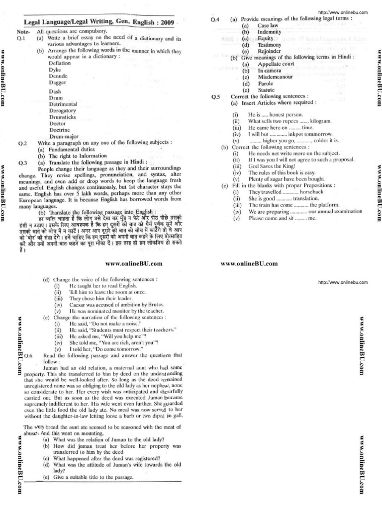 LLB 2 Sem Legal Language Legal Including General English 2009 | PDF