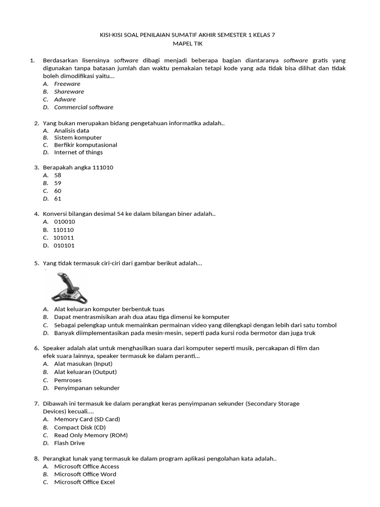 Kisi-Kisi Soal Tik Penilaian Sumatif Akhir Semester 1 Kelas 7 (Share) | PDF