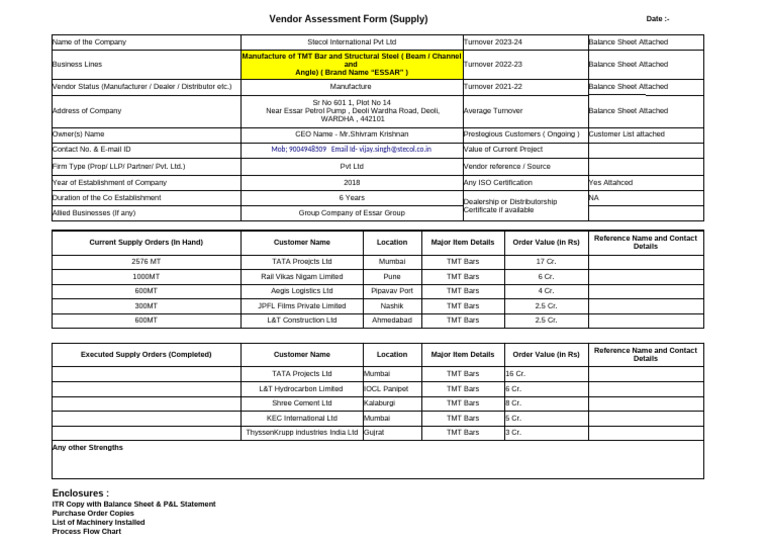 Vendor Assessment Form - Supply | PDF