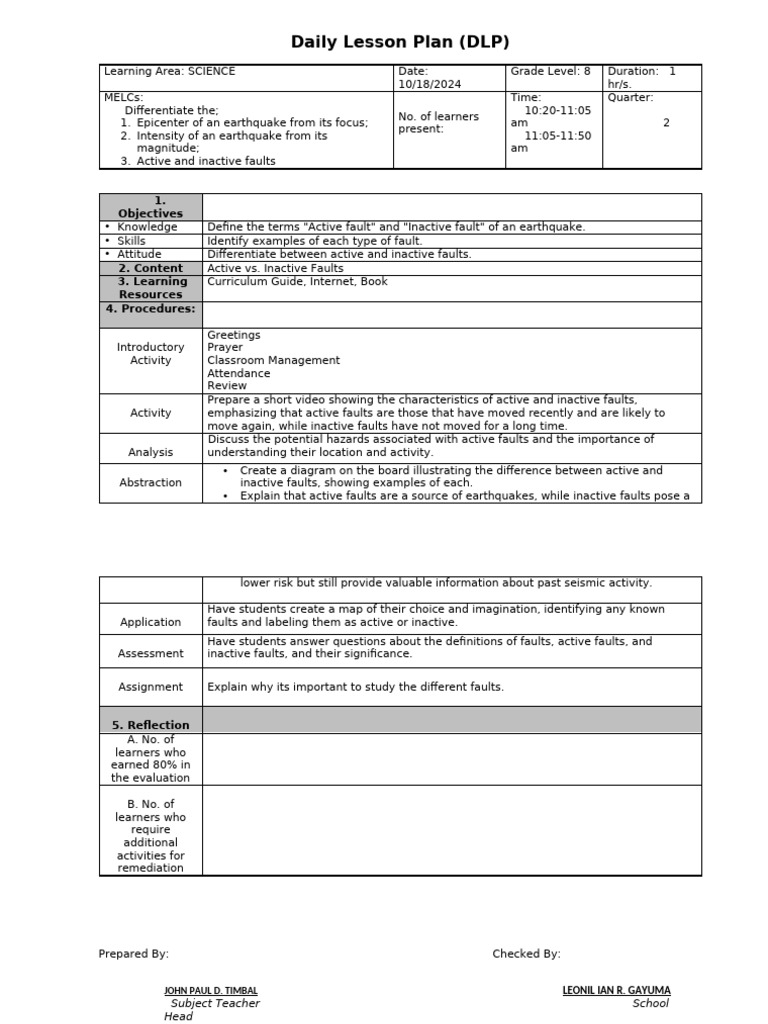 Earthquake Faults Lesson Plan for Grade 8 | PDF | Earthquakes | Fault ...