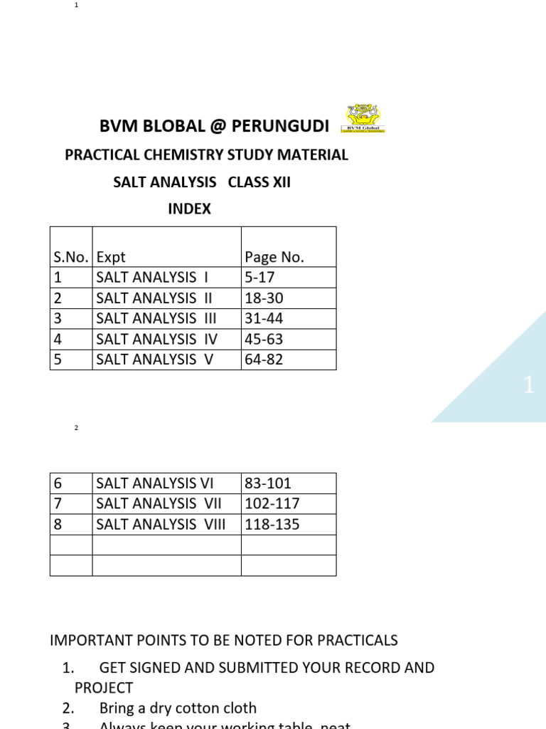 Chem Lab Manual Pdf Salt Chemistry Precipitation Chemistry
