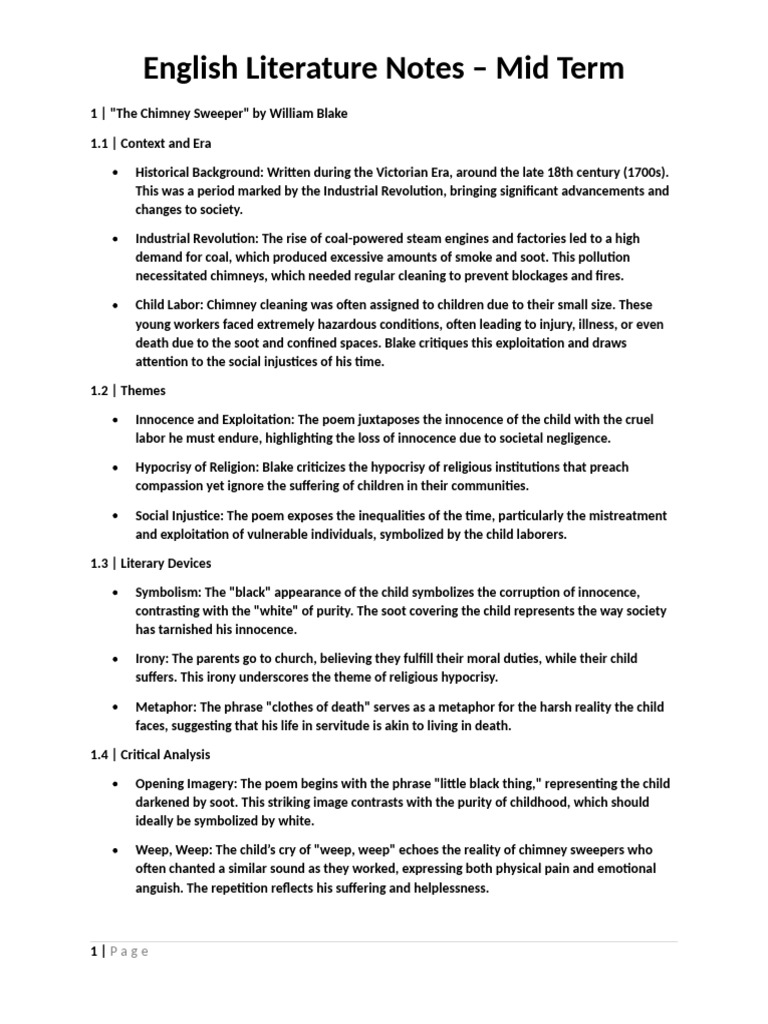 English Literature Midterm Notes Summary | PDF | Love | Poetry