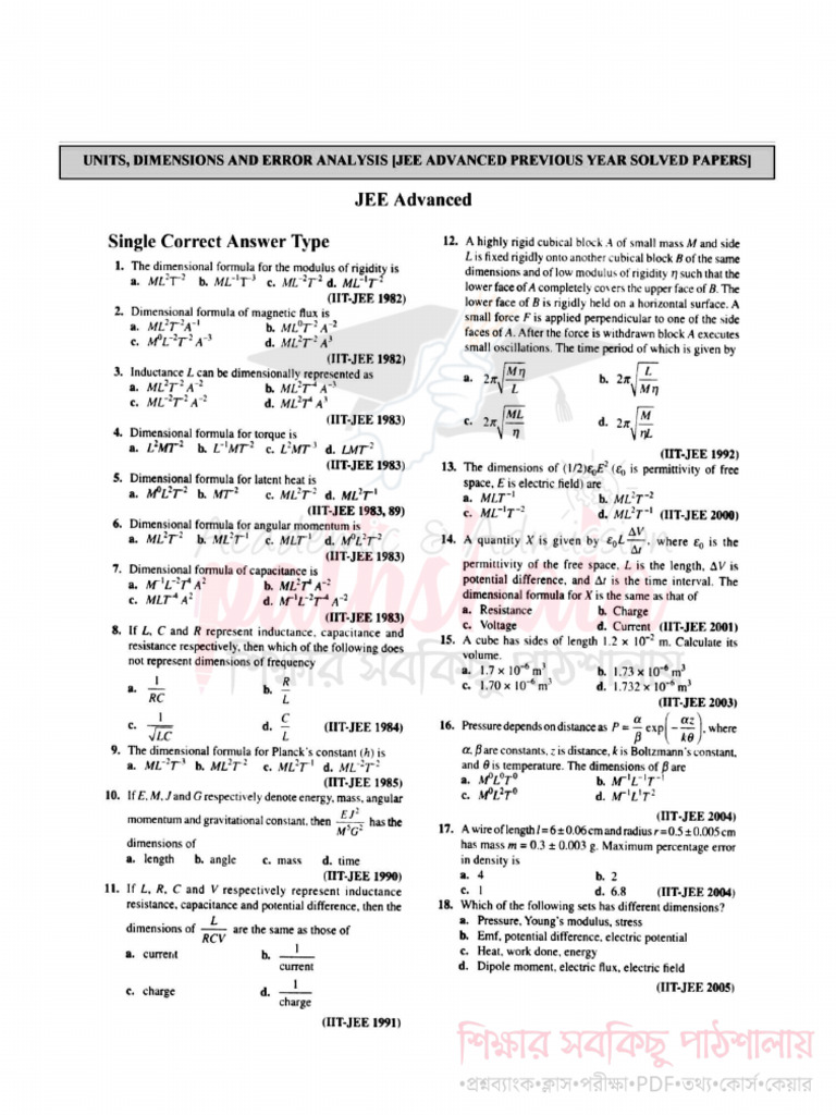Units Dimensions and Error Analysis JEE Advanced Questions PDF With ...