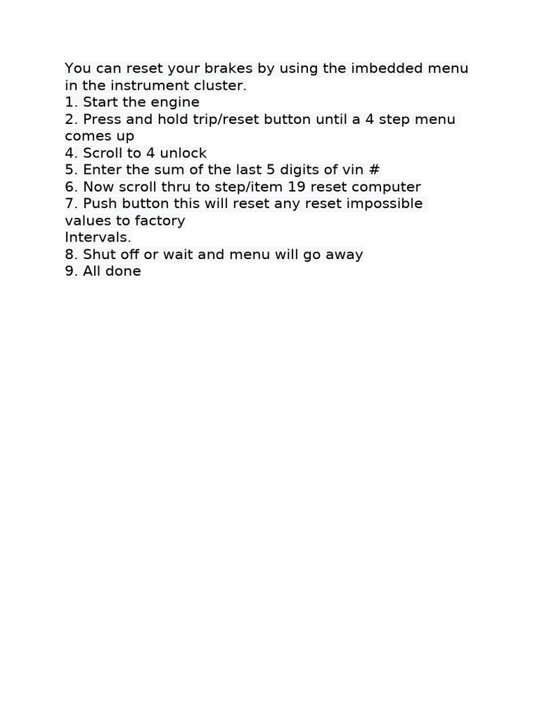 You Can Reset Your Brakes by Using The Imbedded Menu in The Instrument Cluster | PDF