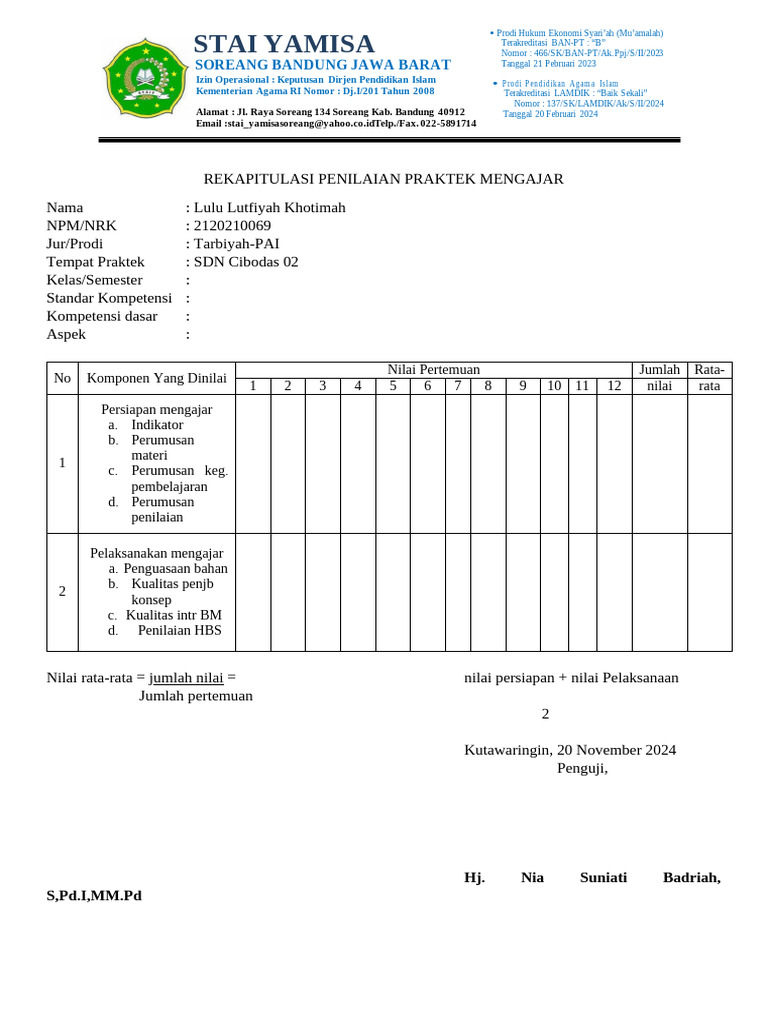 Rekapitulasi Penilaian Praktek Mengajar | PDF