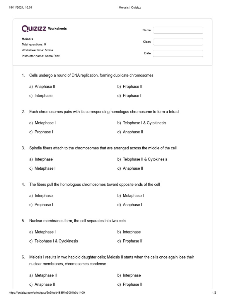 Meiosis Worksheets with Key Questions | PDF | Meiosis | Genetics