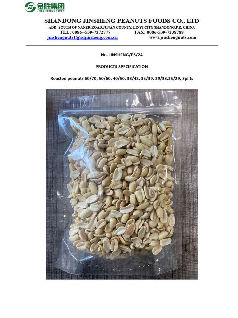 Product Specification-Blanched Peanuts Split | PDF | Nut (Fruit) | Peanuts