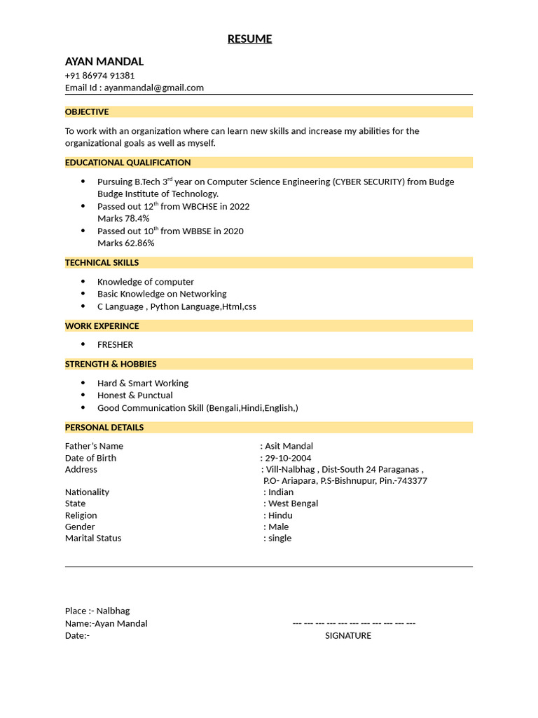 Resume Ayan Mandal: Objective | PDF