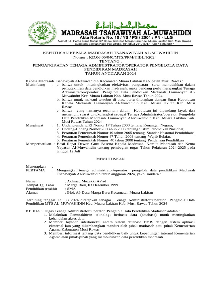 Contoh SK Operator Ra1 | PDF