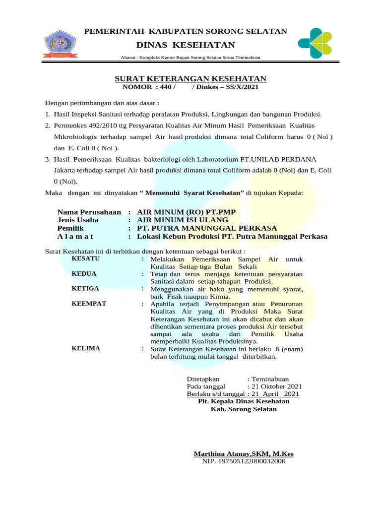 Surat Kesehatan Galon ANJ 2021 | PDF