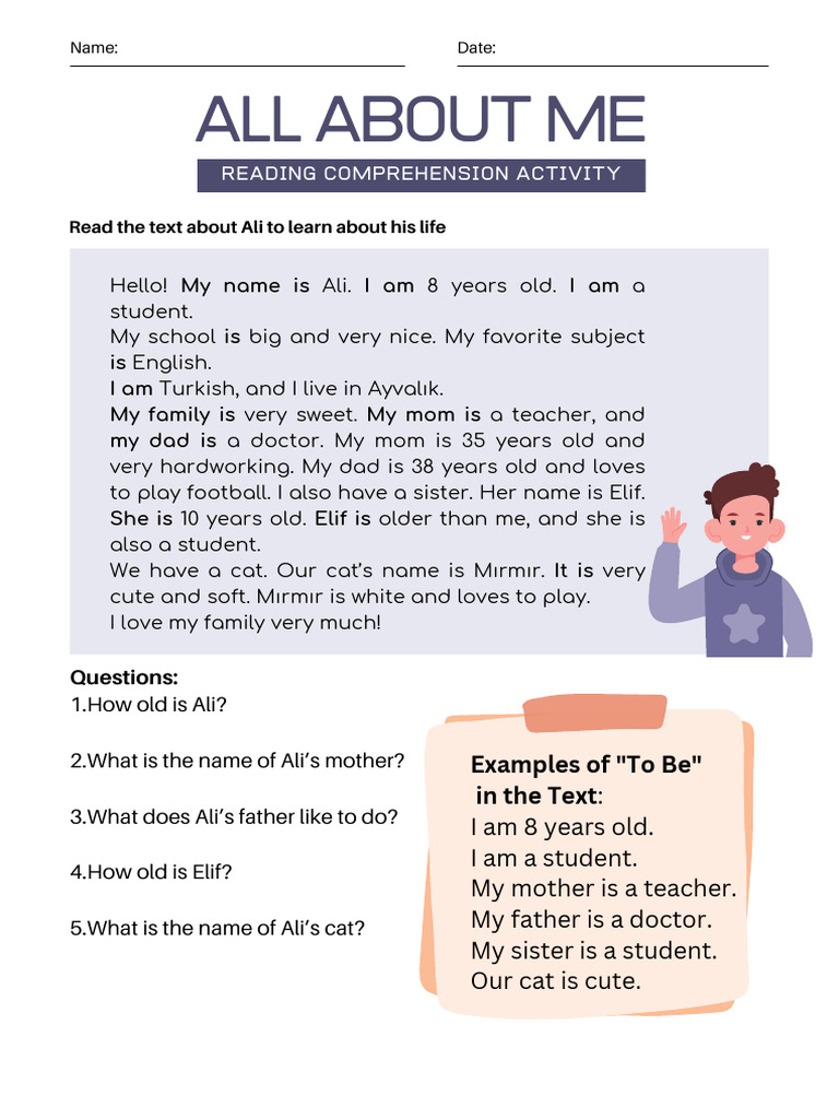 White Colorful All About Me Reading Comprehension Activity | PDF