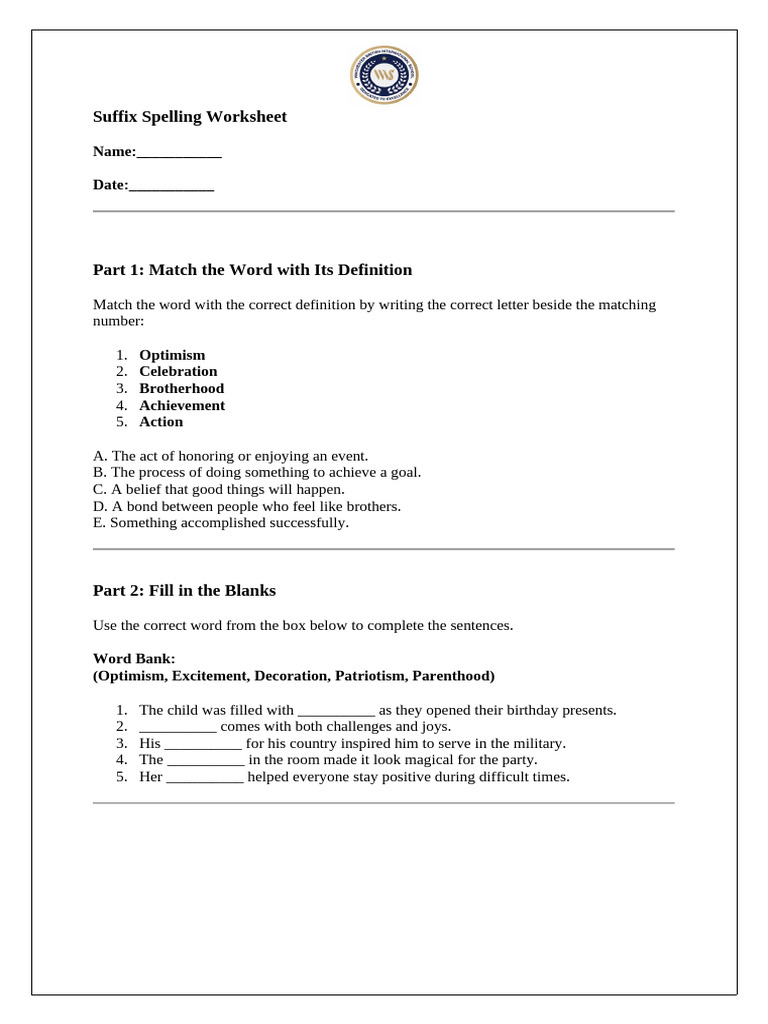 Suffix Spelling Worksheet for Kids | PDF
