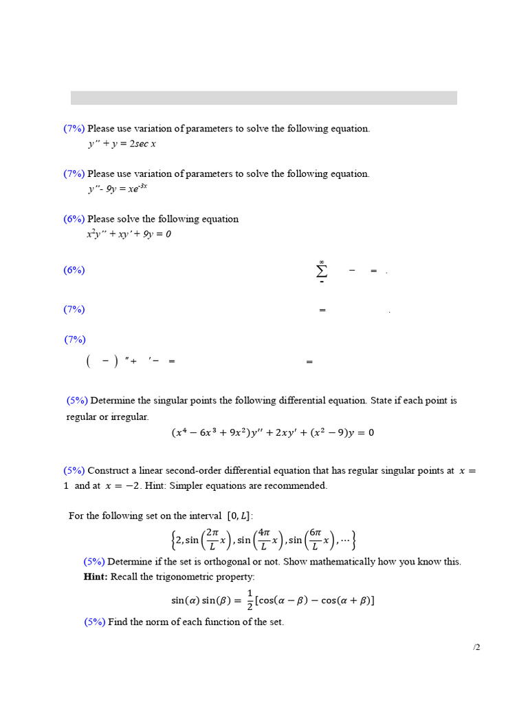 111-1 Differential Equation FinalExam | PDF | Waves | Equations