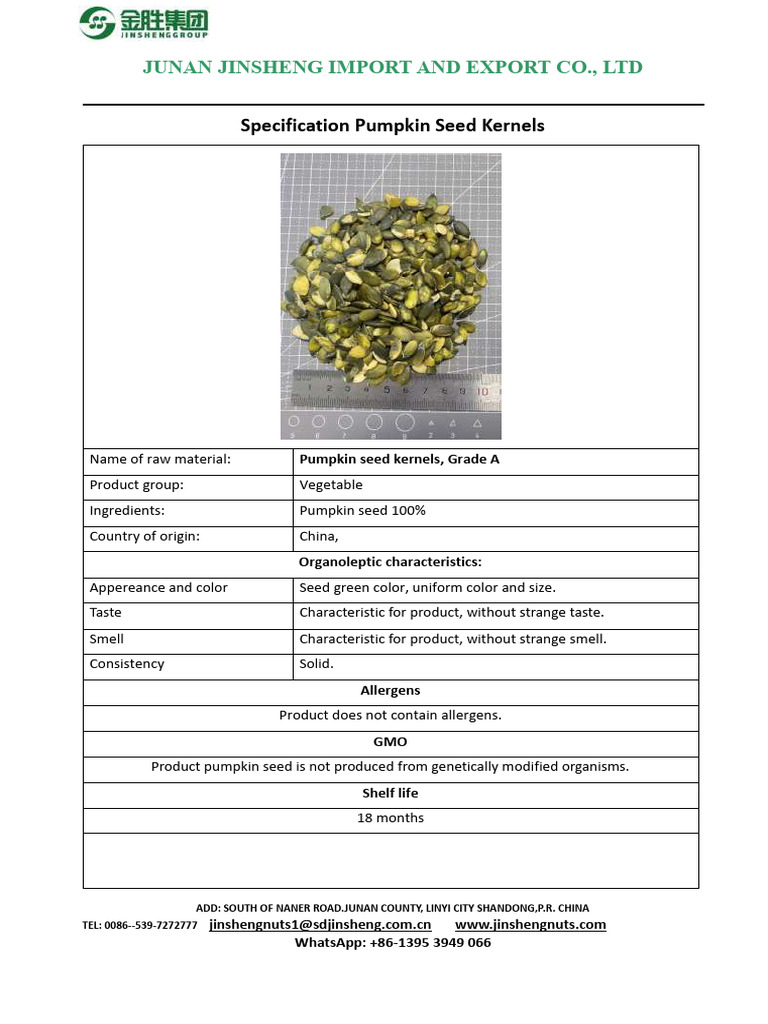 Grade A Pumpkin Seed Kernels Specs | PDF | Foods | Food Safety
