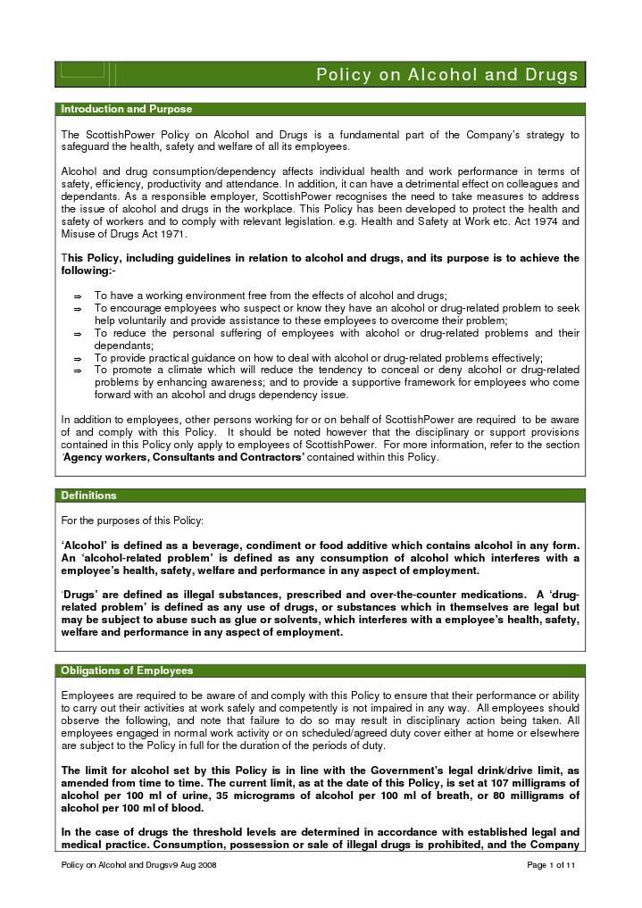 Alcohol Drugs Policy | Occupational Safety And Health | Employment