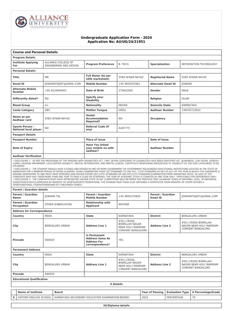 B.Tech Application Form 2024 | PDF | Disability | Bangalore