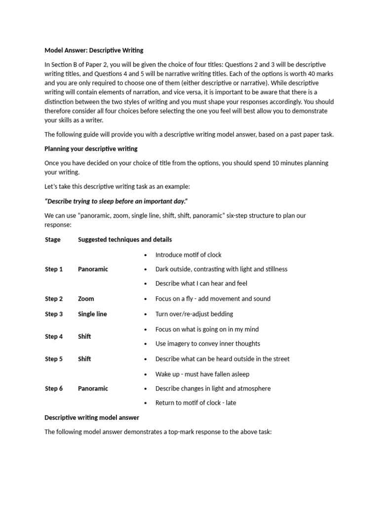 Sample of Descriptive Writing For IGCSE 0500 | PDF