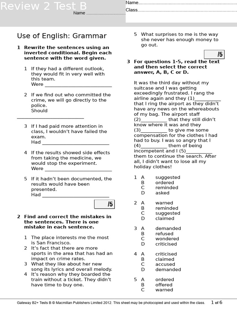 Gateway b2 Review Test 2 B PR | PDF