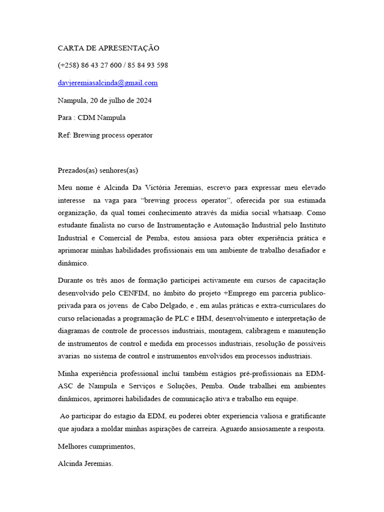 Carta de Apresentacao Alcinda CDM | PDF