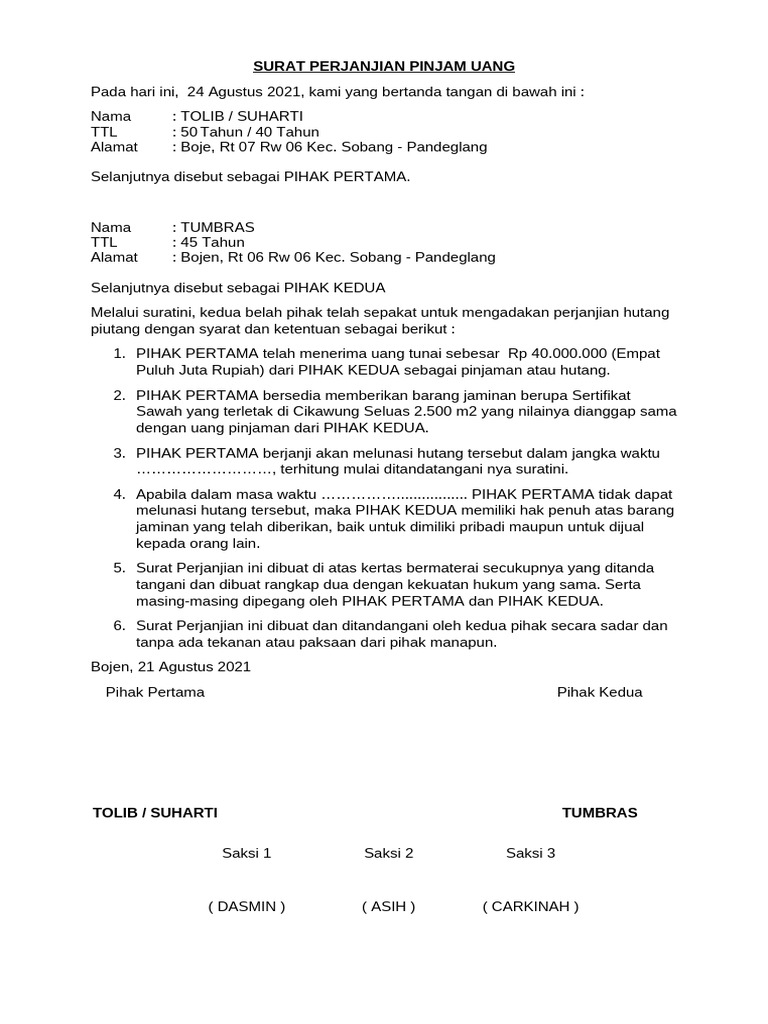 Surat Perjanjian Pinjam Uang Sederhana | PDF