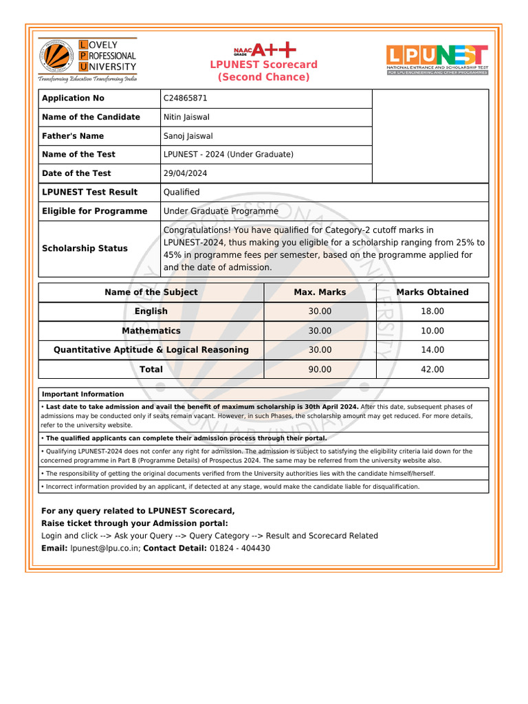 Result Card Second Chance C24865871 | PDF