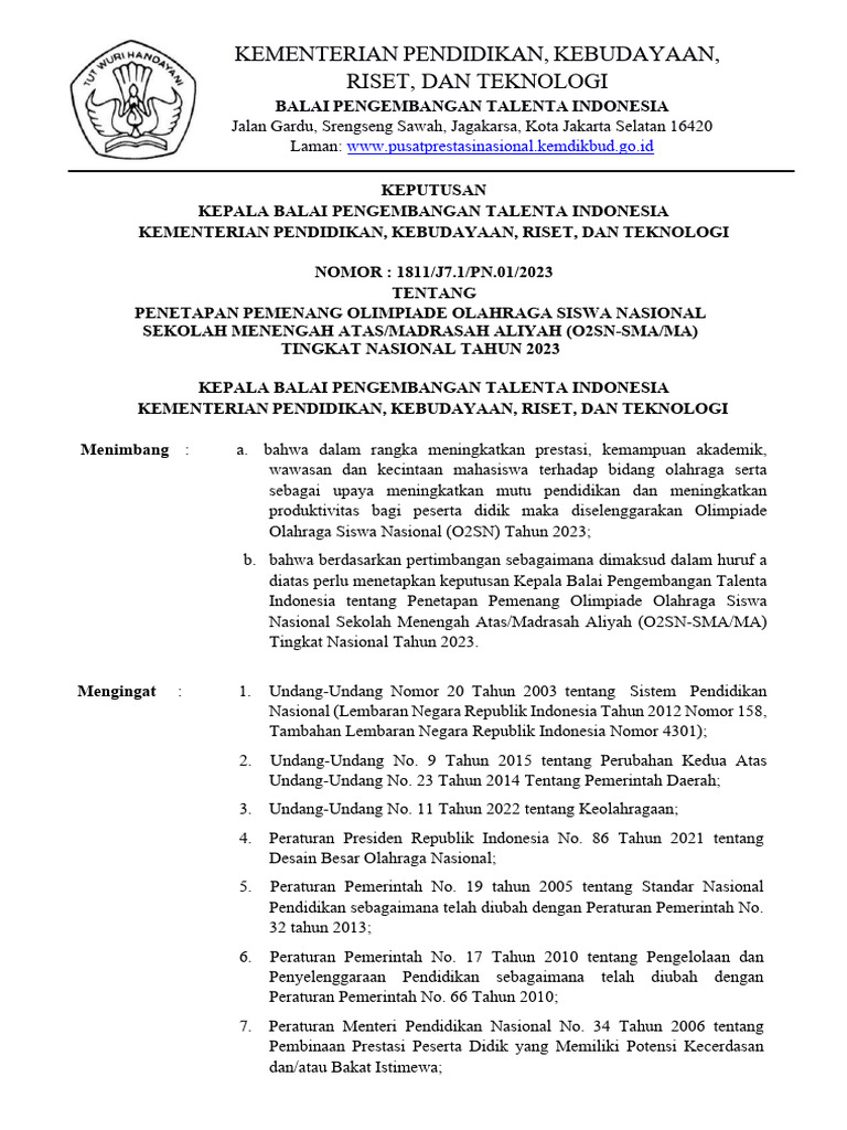 SK - Pemenang - O2SN-SMA-MA - Tingkat - Nasional - 2023 | PDF