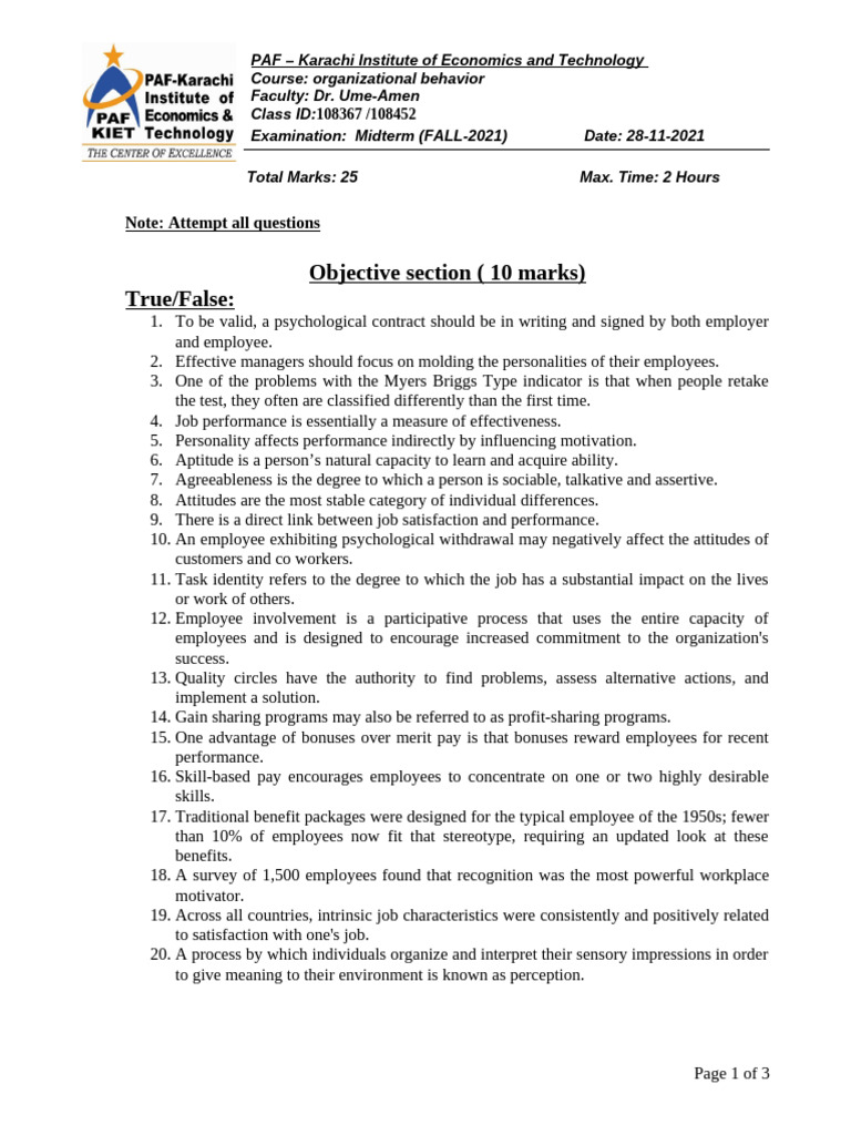 Ob Mid Term Question Paper | PDF | Employment | Attitude (Psychology)