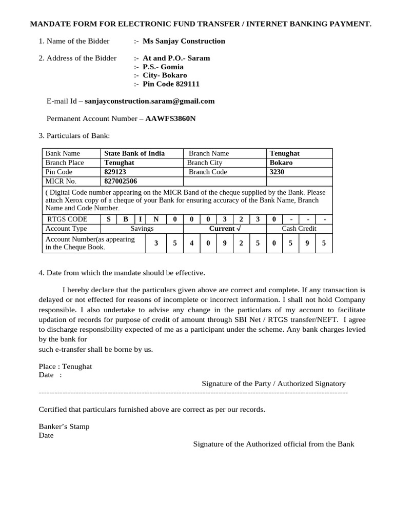 Mandate Form For Electronic Fund Transfer | PDF