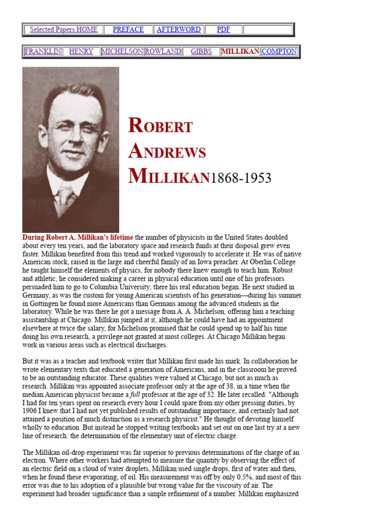 Robert Andrews Millikan 1868-1953 | PDF | Electron | Applied And ...
