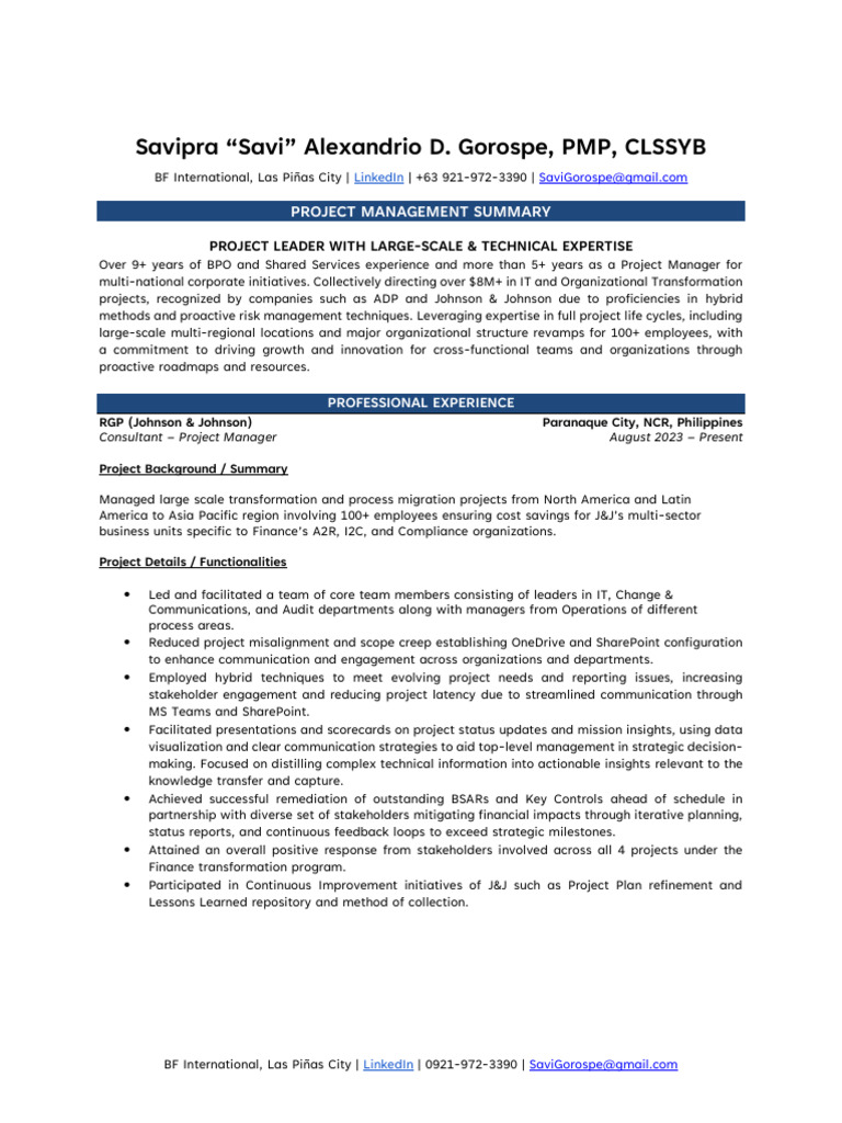 Savipra Gorospe - CV Updated 8.13.2024 | PDF | Project Management | Project Management Professional