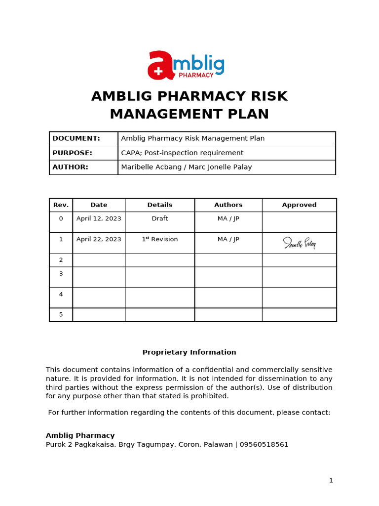 Risk Management Plan: Amblig Pharmacy | PDF | Pharmacy | Pharmacovigilance
