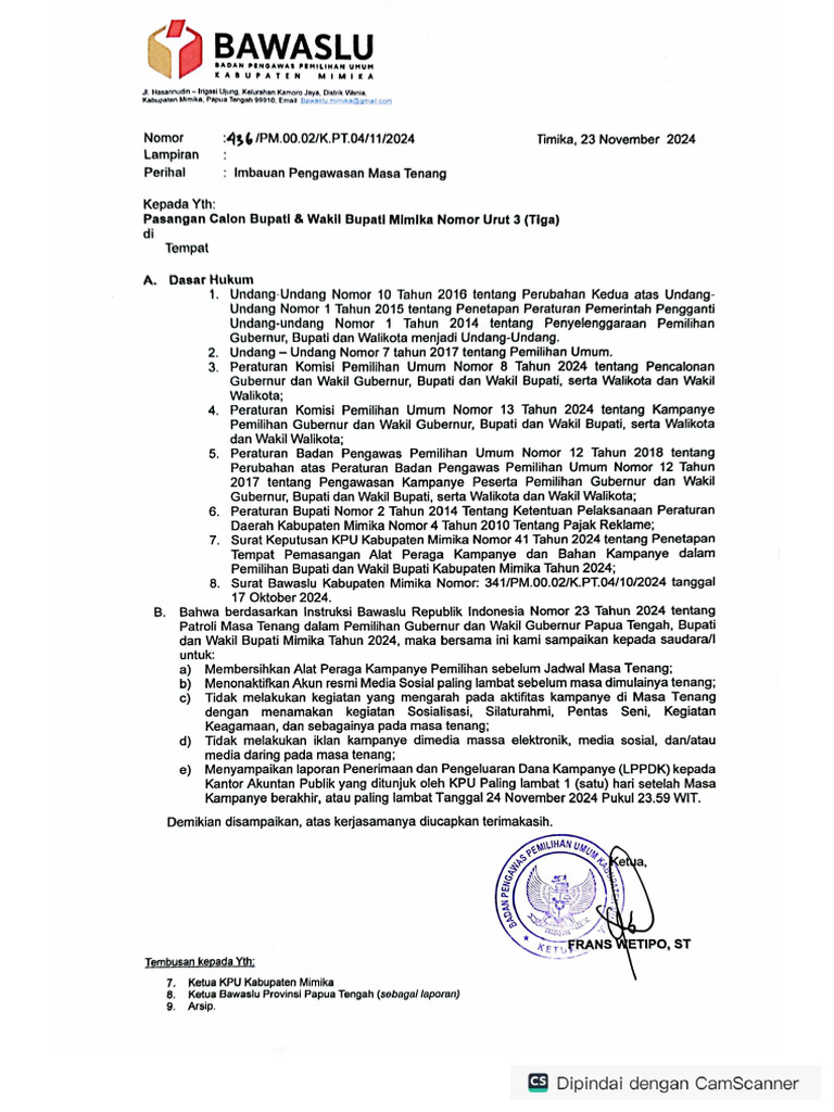 Imbauan Pengawasan Masa Tenang Paslon 3 | PDF