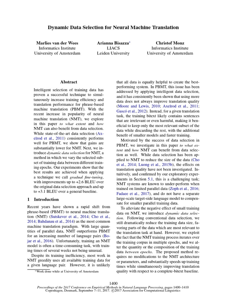 Dynamic Data Selection For Neural Machine Translation | PDF | Sampling (Statistics) | Experiment
