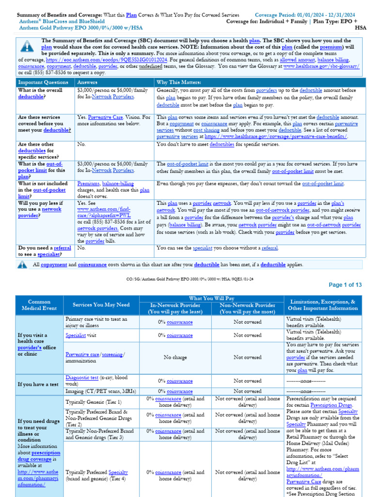 Anthem Anthem Gold Pathway Epo 3000 0 3000 W Hsa 9qe5 HDHP | PDF ...