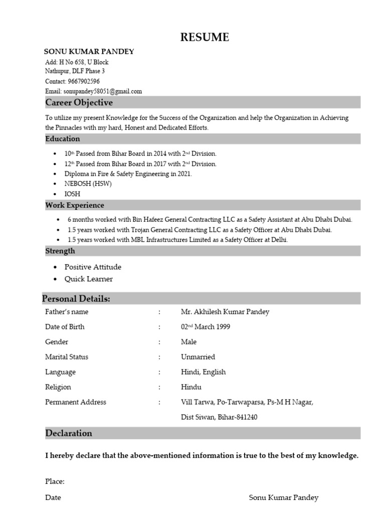 Safety Officer Resume - Sonu Kumar Pandey | PDF
