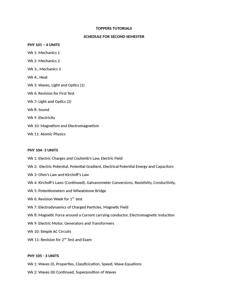 Toppers Schedule Second Semester | PDF | Electric Field | Waves