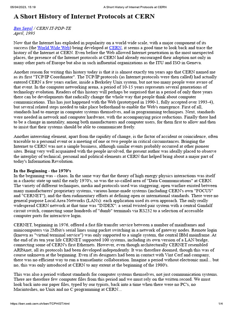 A Short History of Internet Protocols at CERN | PDF | Internet Protocol Suite | Internet