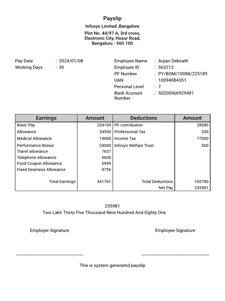 Infosys Payslip for Arpan Debnath | PDF